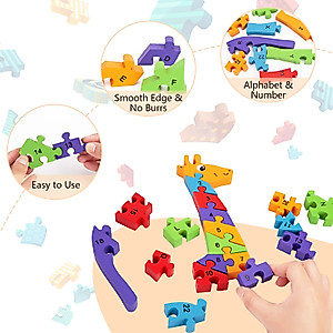 LovesTown Giraffe Wooden Puzzle, 26PCS Jigsaw Puzzle Alphabet and Number Blocks Wooden Building Blocks for Kid Preschool
