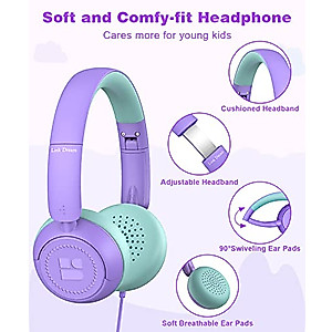 Link Dream Kids Headphones for School Girls Boys with Microphone, Volume Limiter 85/94dB Stereo 3.5.mm Jack On-Ear Folding Headphones for Kids Travel Tablet Computer (Purple)