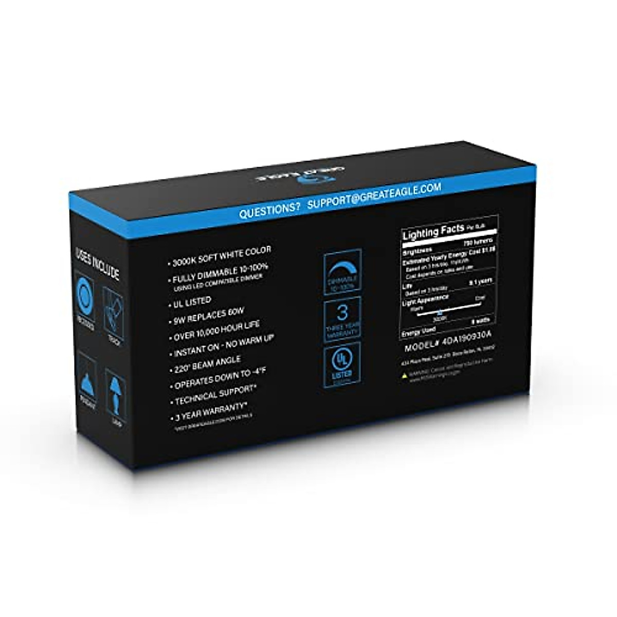 Great Eagle A19 LED Light Bulb, 9W (60W Equivalent), UL Listed, 3000K Soft White, 750 Lumens, dimmable, Standard Replacement (4 Pack)