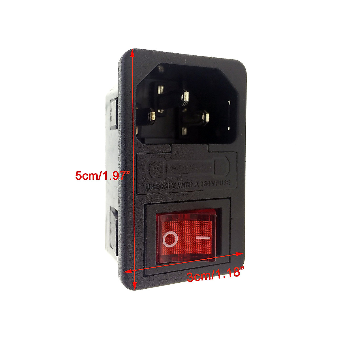 3 Pin IEC320 C14 Inlet Male Plug Power Socket Red Light Boat Rocker Switch with Fuse Holder Neon Lamp Supply Jack Connector AC 250V 10A, 2-Pack