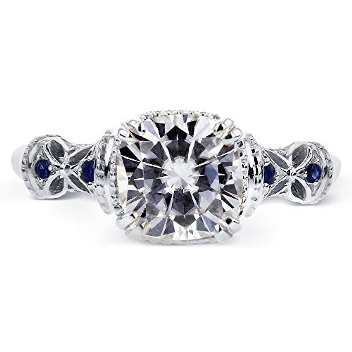 Kobelli Antique Style Cushion-cut Moissanite (GH) Engagement Ring with Blue Sapphire 1-3/4ct TGW 14k White Gold - Size 7