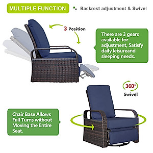 Skypatio Outdoor 360° Swivel Rattan Recliner Chair, Adjustable Backrest Patio Wicker Recliner Lounge Chair with Comfortable Cushions, All-Weather Resin Rattan & Aluminum Frame(Navy Blue)