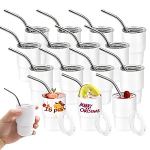 YOUKE OLA 16 Pack Sublimation Shot Glasses Tumblers Blanks Mini Wine Tumbler with Lid and Straw Stainless Steel Tumblers Cups Bulk for Sublimation Oven Printing, 3oz White