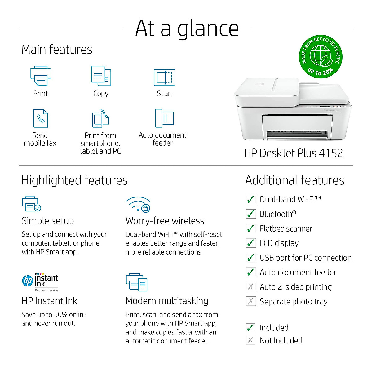 HP DeskJet Plus 4152 Wireless All-in-One Color Inkjet Printer, Mobile Print, Scan & Copy, Instant Ink Ready, 7FS74A (Renewed)