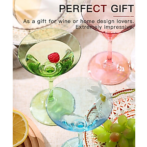 Physkoa Valentine's Day Gifts-Colored Martini Glasses Set | 7oz | Hand Blown Crystal Martini Glasses | Art Deco Cocktail Glasses Set | Versatile Tall Cocktail Glasses | Colorful Cocktail Glass
