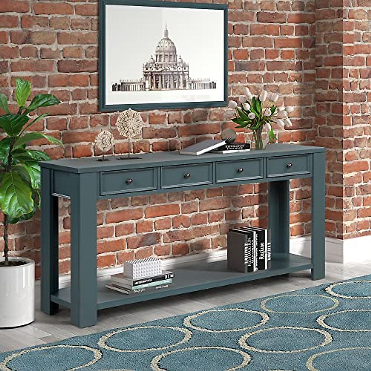 INMOZATA Rustic 4-Drawer Console Sofa Table with Storage Shelf, 63 inch Long Entry Side Table Wooden Entryway Hallway Foyer Living Room Sofa Table,Blue