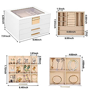 Zglori Jewelry Box, 3 Layers Jewelry Organizer with Glass Lid, 2 Drawers Jewelry Storage Case Holder for Women, Girls