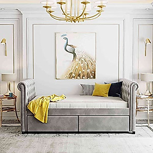 ATY Twin Size Daybed with Two Storage Drawers, Upholstered Sofa Bed Bedframe w/Wood Slat Support, No Box Spring Needed, for Bedroom, Guestroom, Save Space, Gray