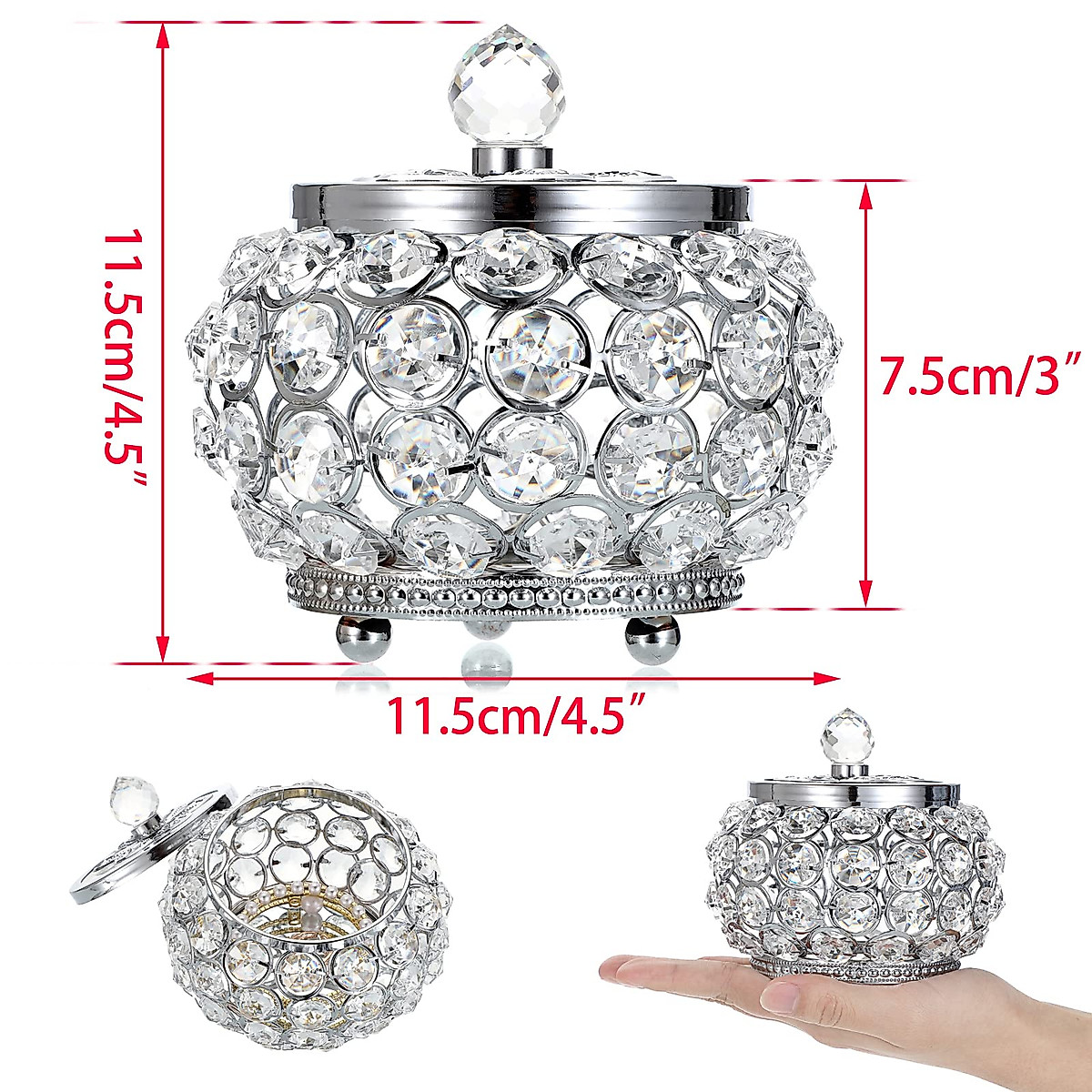 Hipiwe Crystal Jewelry Box with Glass Lid Small Trinket Organizer Mirrored Treasure Box Ring Holder Earrings Necklace Storage Box Keepsake Gift Box for Home Dresser Decor, Silver