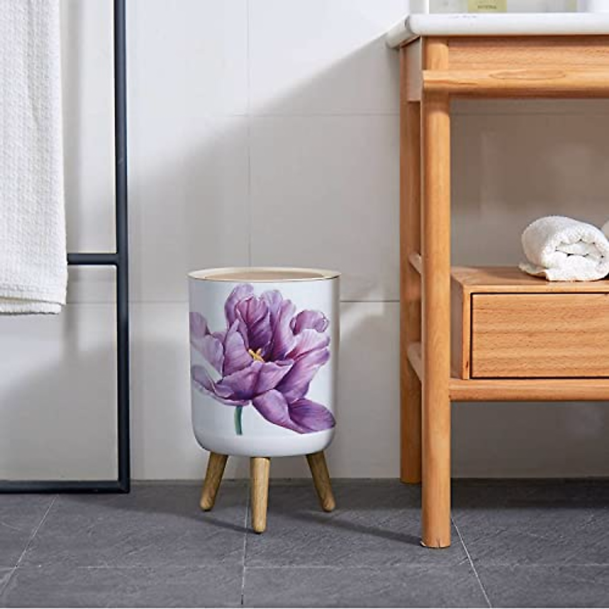 Round Trash Can with Lid Lilac Flower an Isolated White Watercolor Illustrations Purple Tulips Press Top Recycle Bin Small Garbage Can Dog Proof Wastebasket Wooden Legs Bathroom Kitchen 7L/1.8 Gallon