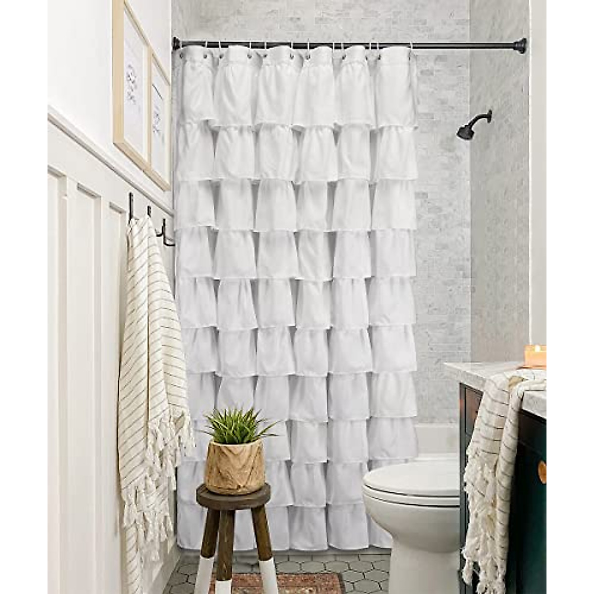 Volens White Shower Curtain Fabric/Ruffle for Bathroom,70in Long