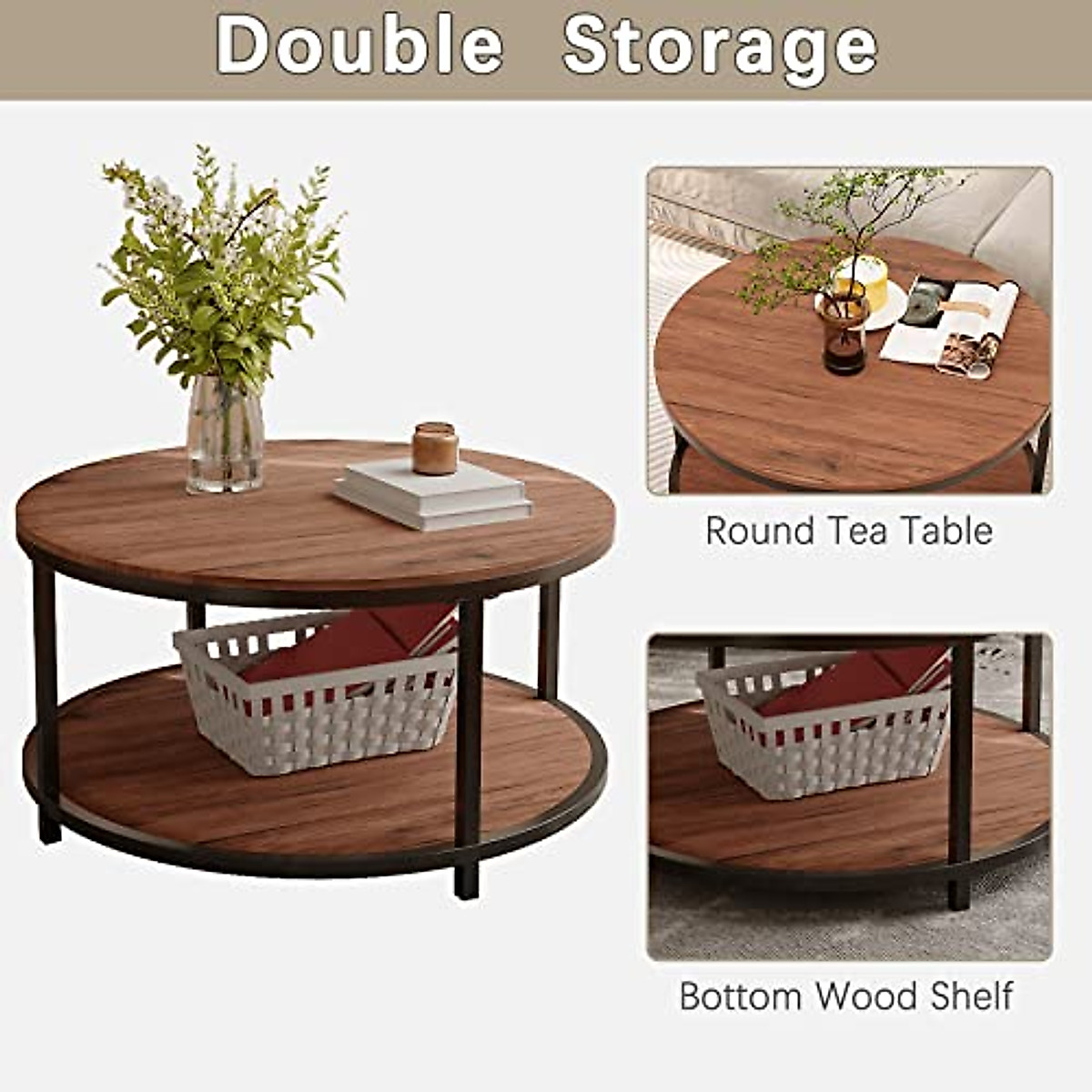 NSdirect 36” Round Coffee Table, Rustic Wooden Surface Top & Sturdy Metal Legs Industrial Sofa Table for Living Room Modern Design Home Furniture with Storage Open Shelf (Dark Walunt)