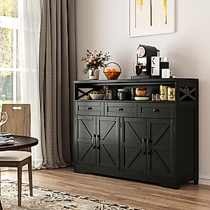 Befrases 52" L Modern Farmhouse Sideboard Buffet Cabinet, Black Storage Cabinet with Drawers & Shelves, Kitchen Pantry Hutch Cabinet, Coffee Bar Station Table for Living Room, Dining Room, Entryway