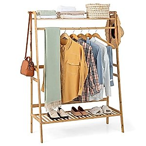 Tangkula Bamboo Clothing Rack with Storage Shelves, Freestanding Garment Rack with Top Shelf, Shoe Rack, 2 Hooks, Heavy-duty Clothing Storage Organizer for Bedroom, Entryway, Living Room, Natural