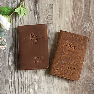 His Vows or Her Vows Stamped with Name and Date, Personalized Leather Wedding Vow Book, Set of 2 Personalized Vow Books - Brown & Tooled Brown - 3001