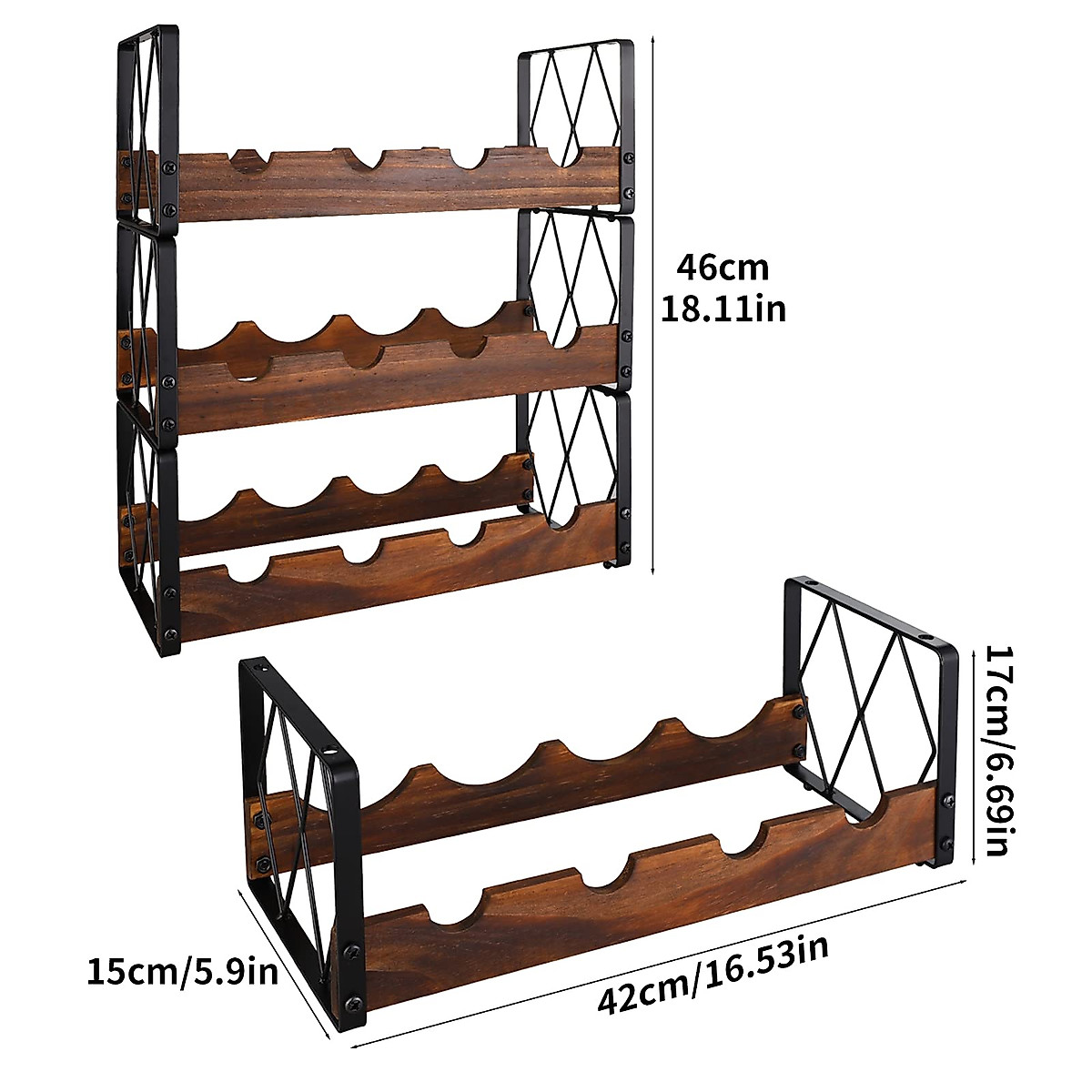 RedCall Wine Rack Freestanding,3 Tier Stackable Wine Bottle Holder Organizer,12 Bottles Wine Storage Shelf,Liquor Rack for Countertop,Solid Wood & Iron Rustic Style Liquor Cabinet