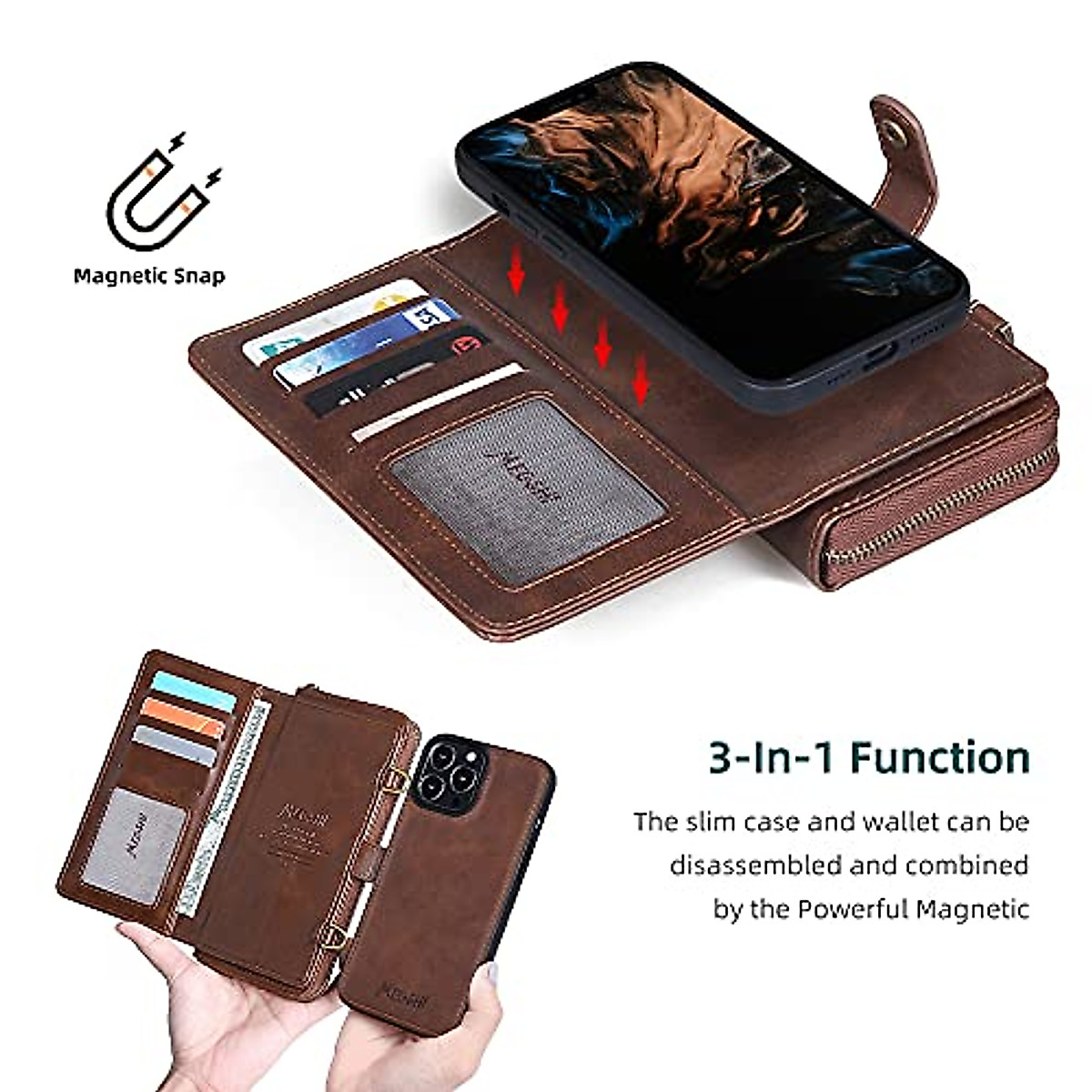 Misscase Compatible with iPhone 12 Pro Max Wallet Case,Multi-Function Wallet Case,2 in 1 Detachable Magnetic Wallet Case with Card Holder,PU Leather Kickstand Flip Cover with Lanyard Brown