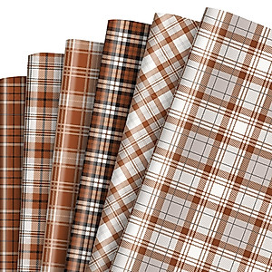 Whaline 12 Sheet Fall Gift Wrapping Paper 6 Design Orange Buffalo Plaids Printed Wrapping Sheet Autumn Theme Decorative Art DIY Craft Paper for Fall Celebration Gift Packing, 19.7 x 27.6 Inch