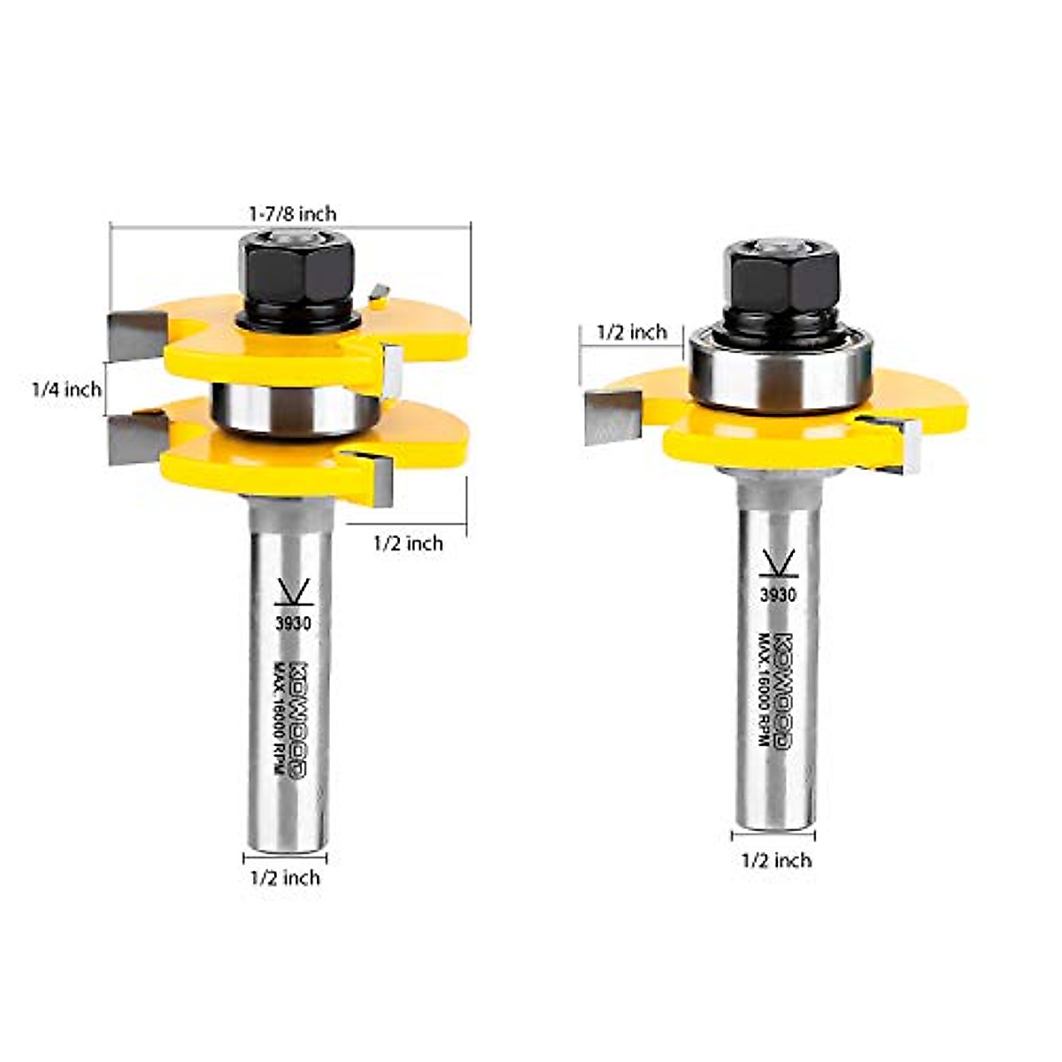 KOWOOD Tongue and Groove Set of 2 Pieces 1/2 Inch Shank Router Bit Set 3 Teeth Adjustable T Shape Wood Milling Cutter