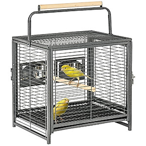 PawHut 18" Heavy Duty Wrought Iron Travel Bird Cage Carrier with Handle Perch and Accessories - Black