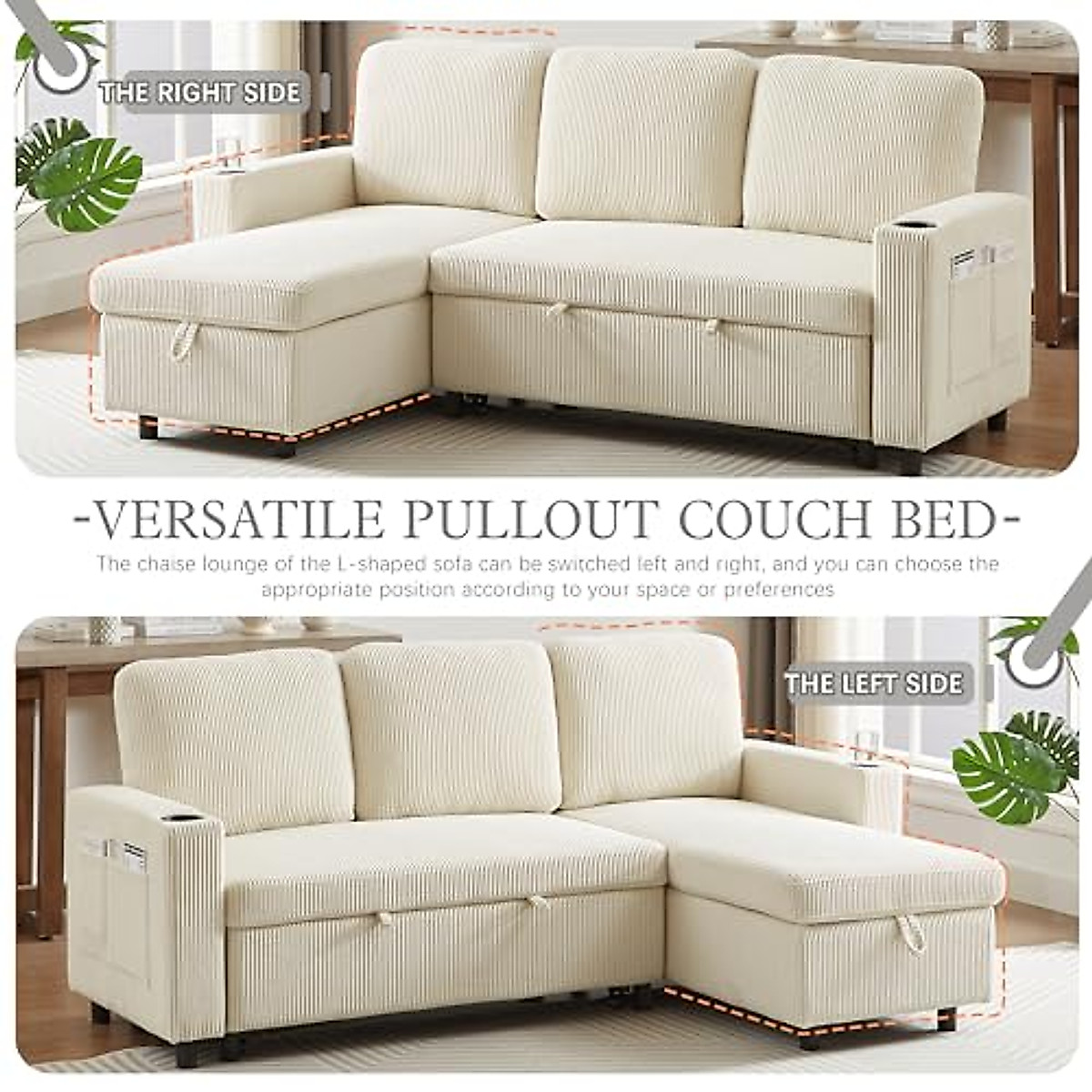 FANYE L-Shaped 3-Seaters Reversible Sleeper Sectional Convertible Sofabed Comfortable Corduroy Upholstered Corner Sofa with Pull Out Sleep Couch Bed and Cupholders for Compact Space Living Room