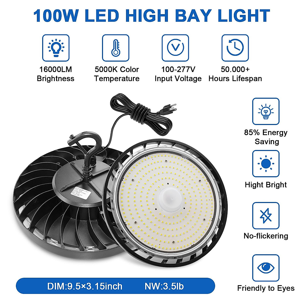 Eilpass LED Shop Lights for Garage Super Bright High Bay Light 100W 16000LM 5000K with 110V 5' Cable Plug in&US Hook,UFO High Bay LED Shop Lights for Workshop Warehouse (1 Pack)