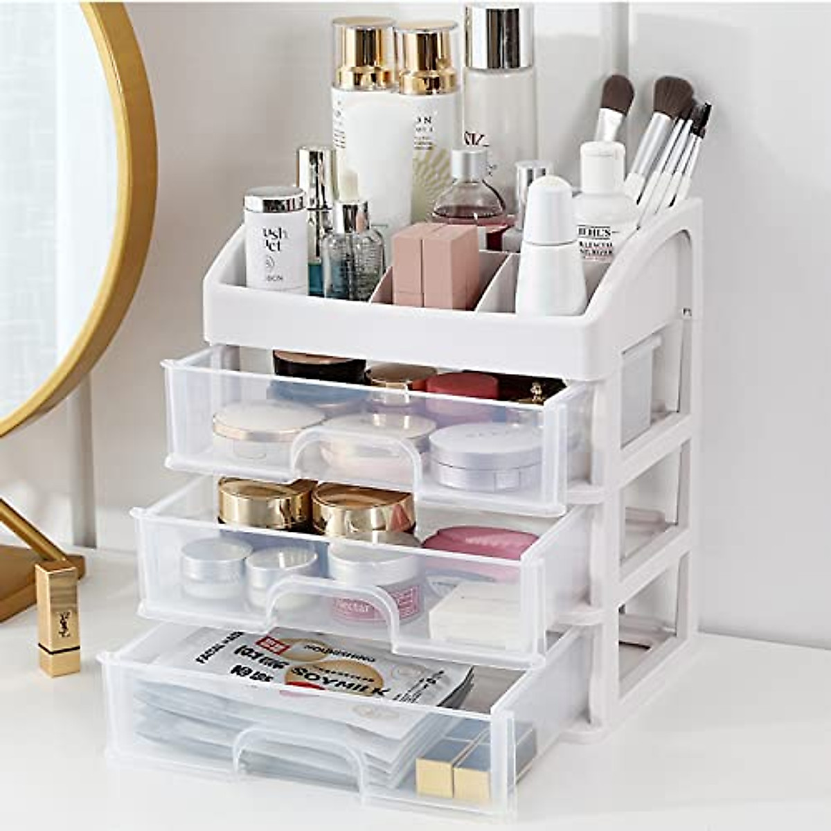 Makeup Organizer for Vanity, Skincare Organizers with 3 Drawers, Cosmetics Organizer for Skin Care, Eyeshadow, Brushes, Lipstick, Powders, Nail Polish.Great for Dresser, Bedroom, Bathroom (White)