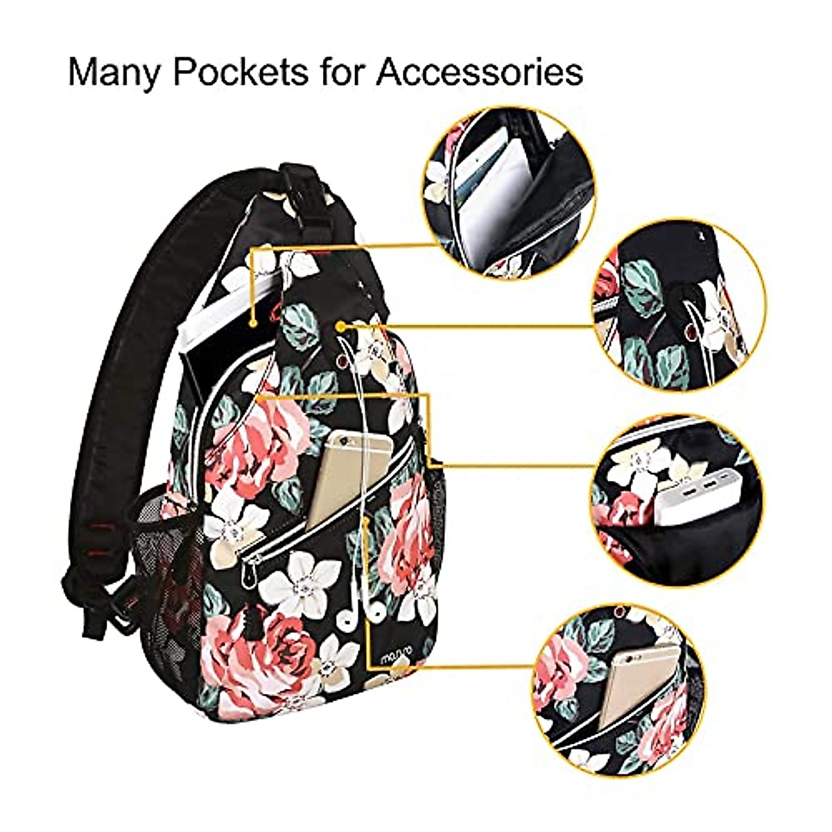 MOSISO Sling Backpack,Travel Hiking Daypack Rose Rope Crossbody Shoulder Bag, Black, Medium