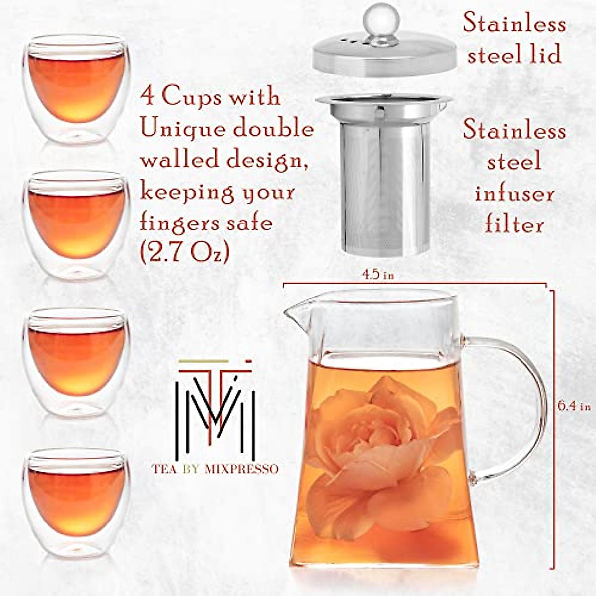 Mixpresso 5 Piece Glass Tea Pot Set, Kettle with Removable Infuser, Clear Glass Teapot 33oz With 4 Double Wall Cups 2.7oz Stovetop Safe Teapot For Loose Leaf Tea, Perfct As Tea Gift Sets.