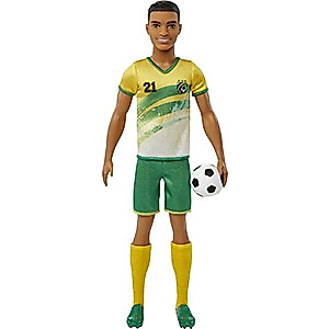 Barbie Soccer Ken Doll with Short Cropped Hair, Colorful #21 Uniform, Cleats, & Tall Socks, Soccer Ball 11.5 inches