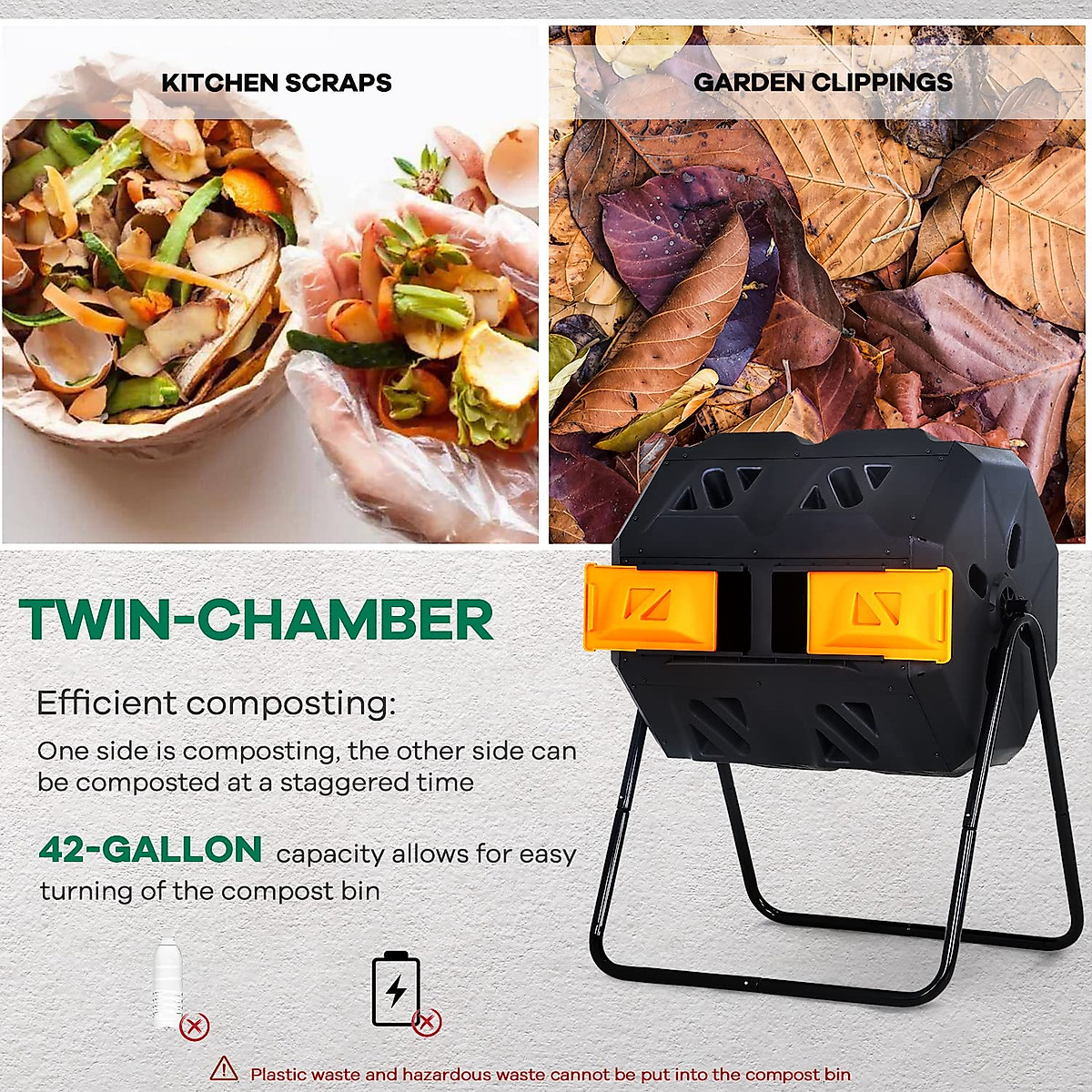 Compost Bin,Outdoor Compost Tumbler 42 Gallon Composter BPA Free Dual Chamber Composting Rotating for Garden Yard Black