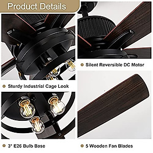 YCGU Rustic Farmhouse Ceiling Fan with Lights, 52 Inch Industrial Cage Ceiling Fan Light, Indoor Outdoor Ceiling Fan with Remote, Reversible DC Motor for Farmhouse Patios Bedroom Garage