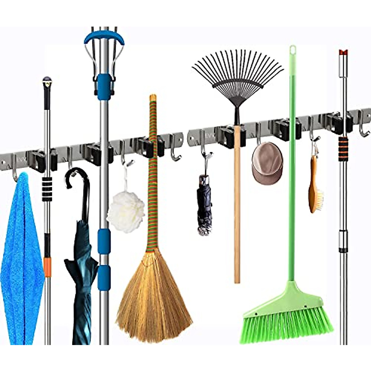 EVV Broom Holder Wall Mount 2 Packs Mop Holder Wall Mount with 3 Utility Racks 4 Hooks,Broom Mop Hanger,Organizer,Holder, Hooks,Storage for Laundry Room Garden Garage Closet Kitchen