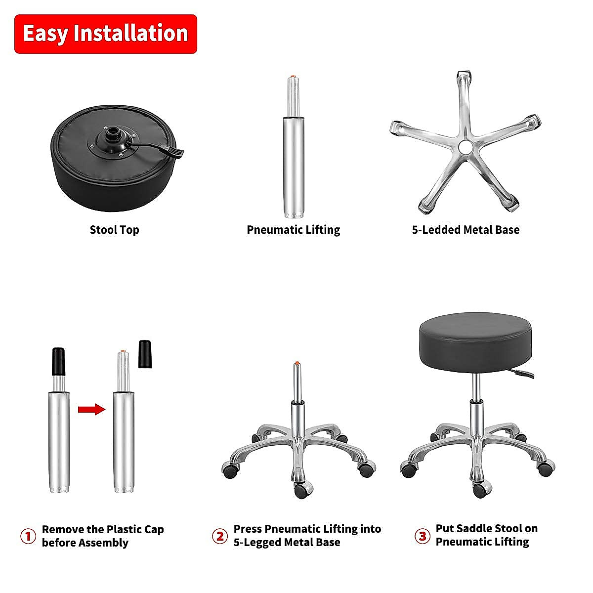 Lilfurni Swivel Rolling Stool Round Chair,Thick Sturdy Padding,Adjustable Stool with Wheels for Doctor,Medical,Massage Salon,Office,Shop(Black) (no Back, Black)