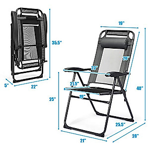 Giantex Set of 2 Patio Dining Chairs, Folding Lounge Chairs with 7 Level Adjustable Backrest, Headrest, 300 Lbs Capacity, Outdoor Portable Chairs with Metal Frame (2, Gray)