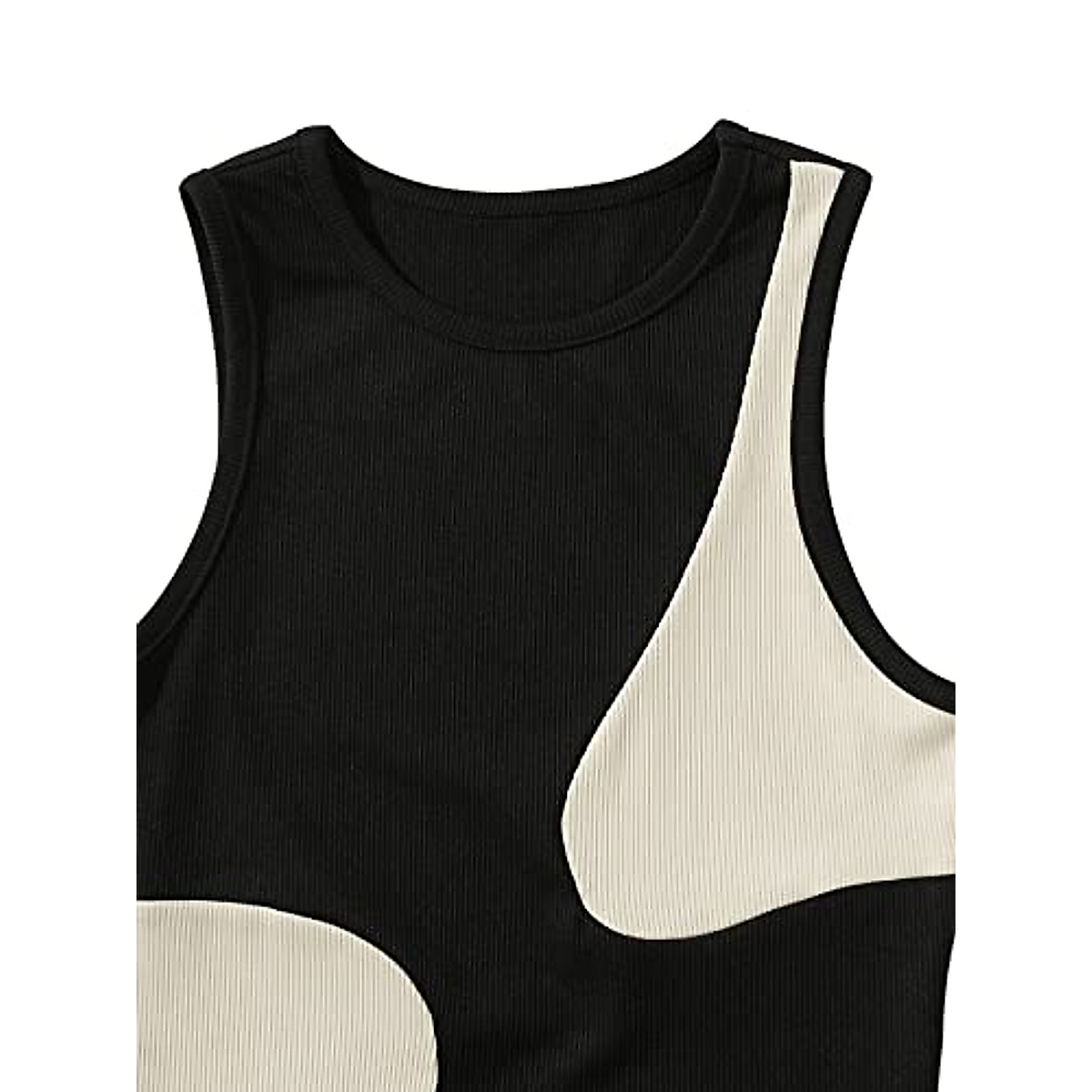 SweatyRocks Women's Ribbed Knit Colorblock Bodysuit Sleeveless Round Neck Tank Tops Bodysuit for Women Summer Slim Fit Black and Cream XL
