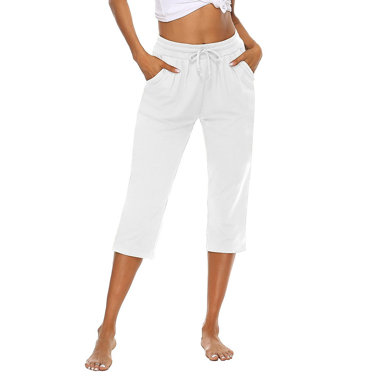 THANTH Womens Capri Yoga Pants Loose Drawstring Comfy Lounge Pajama Capris Workout Jersey Joggers Pants with Pockets White S