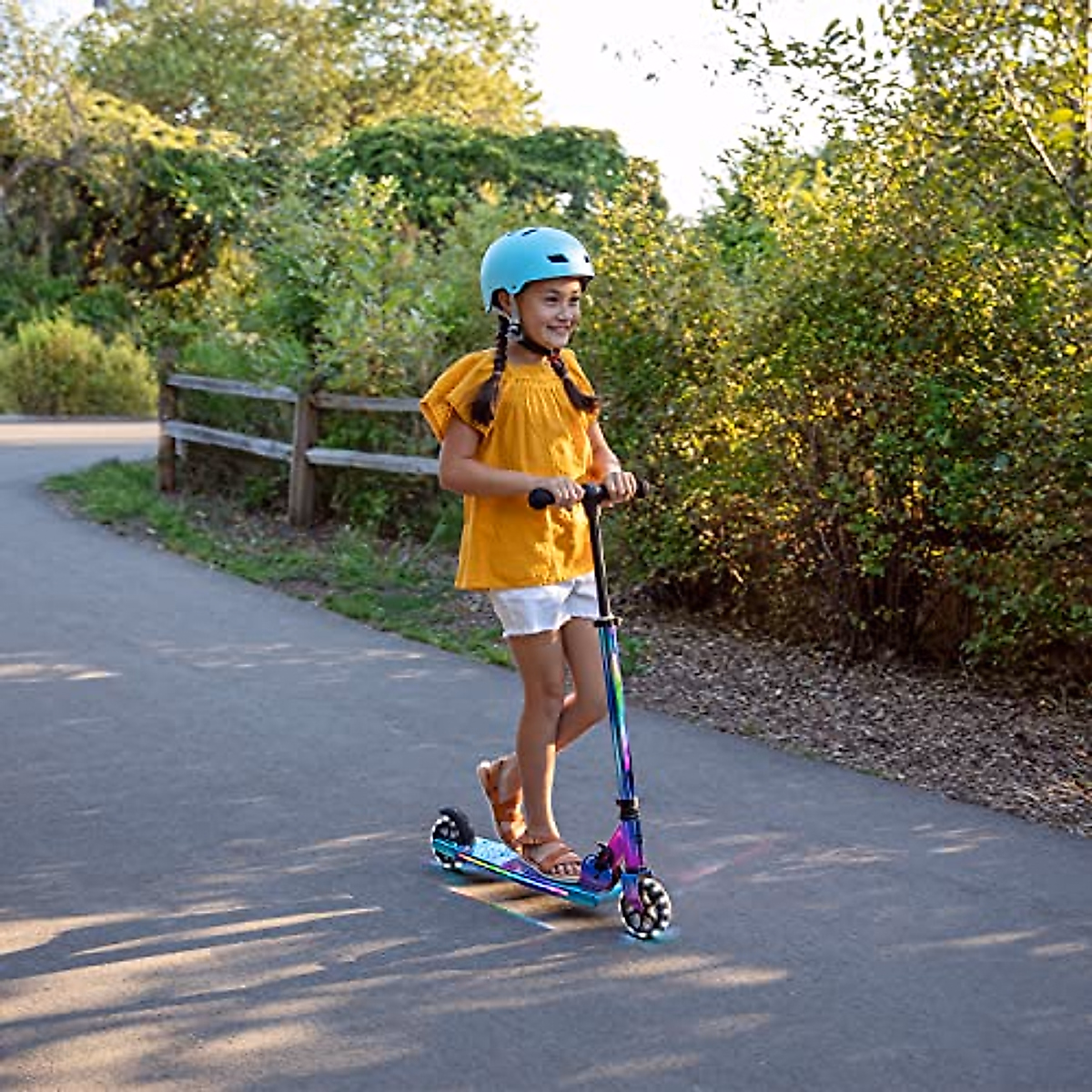 Jetson Scooters - Mars Kick Scooter (Iridescent) - Collapsible Portable Kids Push Scooter - Lightweight Folding Design with High Visibility RGB Light Up LEDs on Wheels and Deck