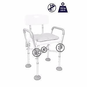 KMINA - Padded Shower Chair with Arms and Back (330 lbs) with Double Reinforced Crossbar and Cushion, Heavy Duty Shower Seat for Adults, Shower Chair for Inside Shower White - Made in Europe