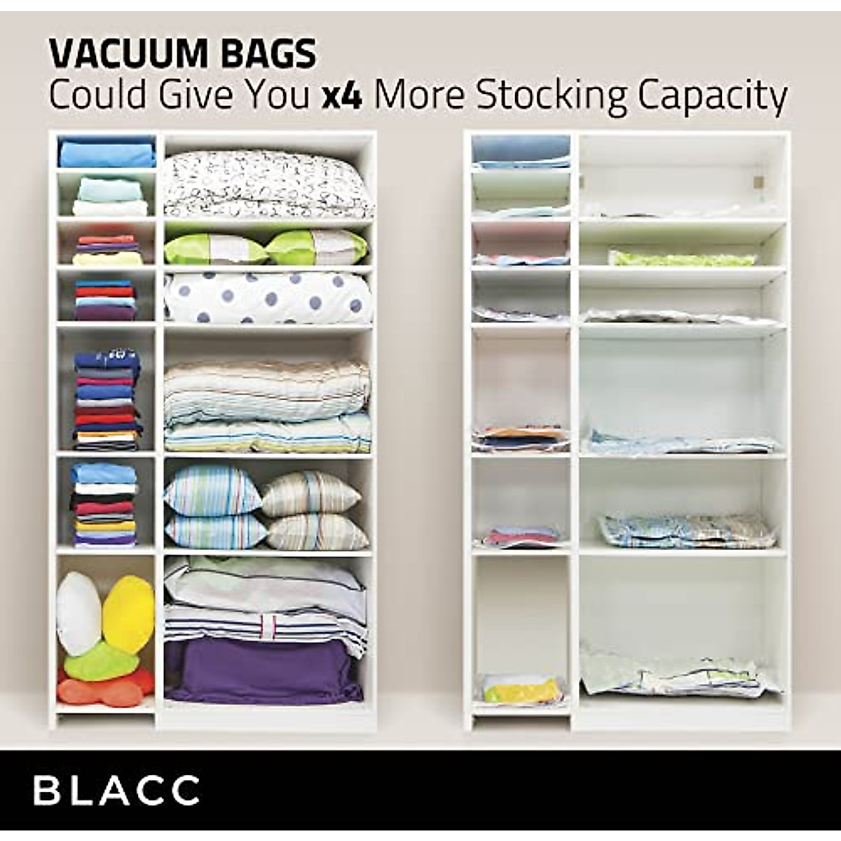 BLACC Vacuum Storage Bags, Compression Sealer for Clothes, Duvets, Blankets, Pillows, No-Loss Valve, 6 XLarge Bag, Premium Quality (SET PACK OF 6)