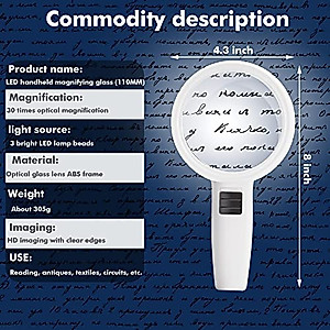 Magnifying Glass with Light, 30x Handheld Large Magnifying Glass, LED Illuminated Magnifier, Double Layer optial Glass Lens for Macular Degeneration, Seniors Reading Children Nature Exploring