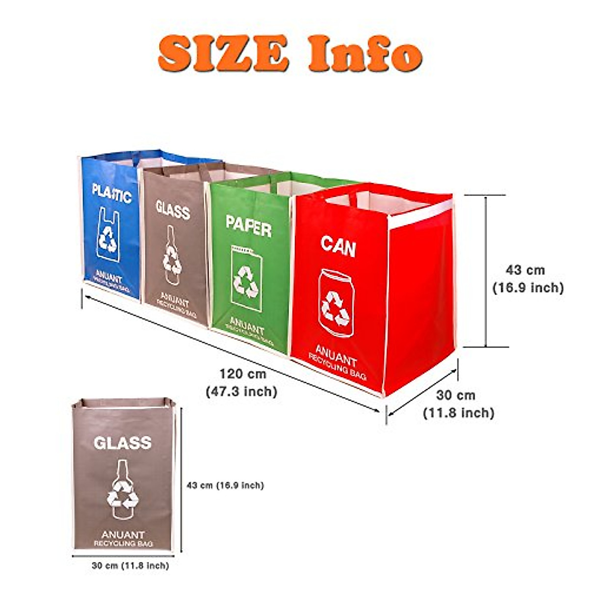 ANUANT Separate Recycling Waste Bin Bags for Kitchen Office in Home - Recycle Garbage Trash Sorting Bins Organizer Waterproof Baskets Compartment Container Big Size 4 Bags Set