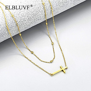 ELBLUVF Stainless Steel Gold Rose Gold Silver Plated Dainty Beads Sideways Cross Double Layers Necklace For Women (Gold 2 layers cross)