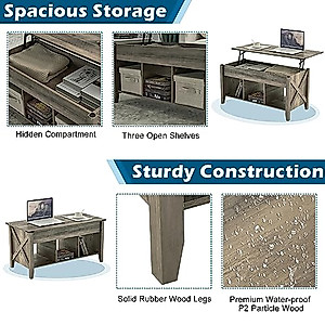 VINGLI Farmhouse Lift Top Coffee Table, Rustic Grey Coffee Table with Lift Top, Lift Up Pop Up Coffee Table with Storage Shelf/Hidden Compartment, Gas Lift Coffee Table Mesa De Centro para Sala