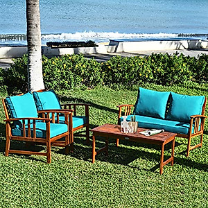 Tangkula 8 PCS Acacia Wood Patio Furniture Set, Outdoor Seating Chat Set w/Gray Cushions Back Pillow, Outdoor Conversation Set w/Coffee Table for Garden, Backyard, Poolside