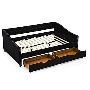 Flieks Linen Upholstered Full Daybed with Two Storage Drawers, Full Size Button Tufted Sofa Bed Daybed with Nailhead Trim and Wood Slat Support (Black)