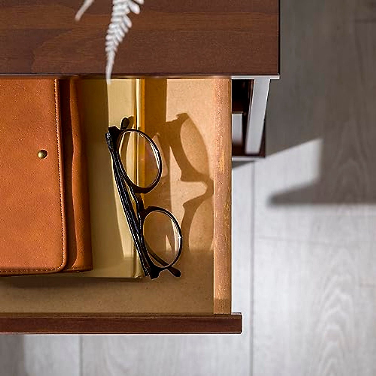 Walker Edison Mid Century Modern Grooved Handle Wood Nightstand Side Table Bedroom Storage Drawer and Shelf Bedside End Table, 2 Drawer, Walnut