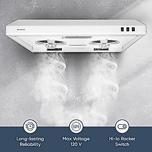 Pacific Economy Under Cabinet Ducted Range Hood 30 inch - CFM550 Powerful 2-Speed Wall Mount Kitchen Vent Hood - Electric Hood with Lighths, Filterless, White ‎PR1230BW