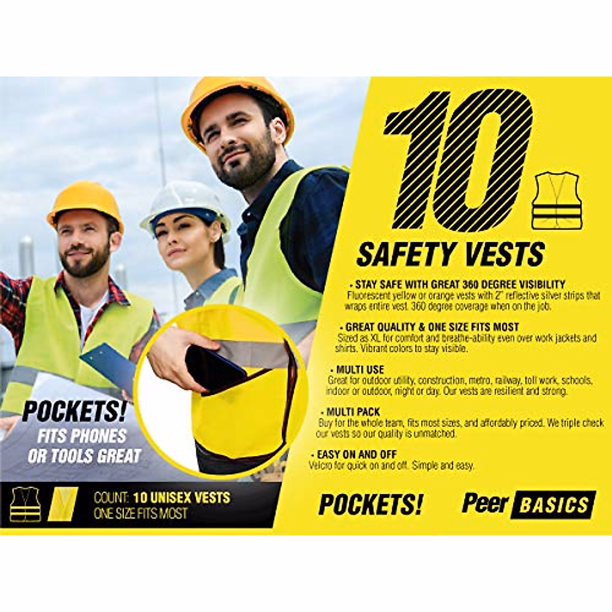 PeerBasics Pocket Safety Vest Bulk Pack Reflective High Visibility Men Women