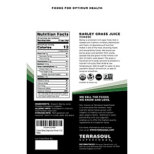 Terrasoul Superfoods Organic Barley Grass Juice Powder, 5 Oz - USA Grown | Made From Concentrated Juice | Superior to Barley Grass